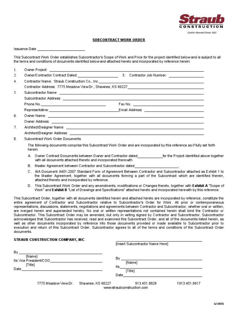 Subcontract Work Order | PDF | Subcontractor | General Contractor