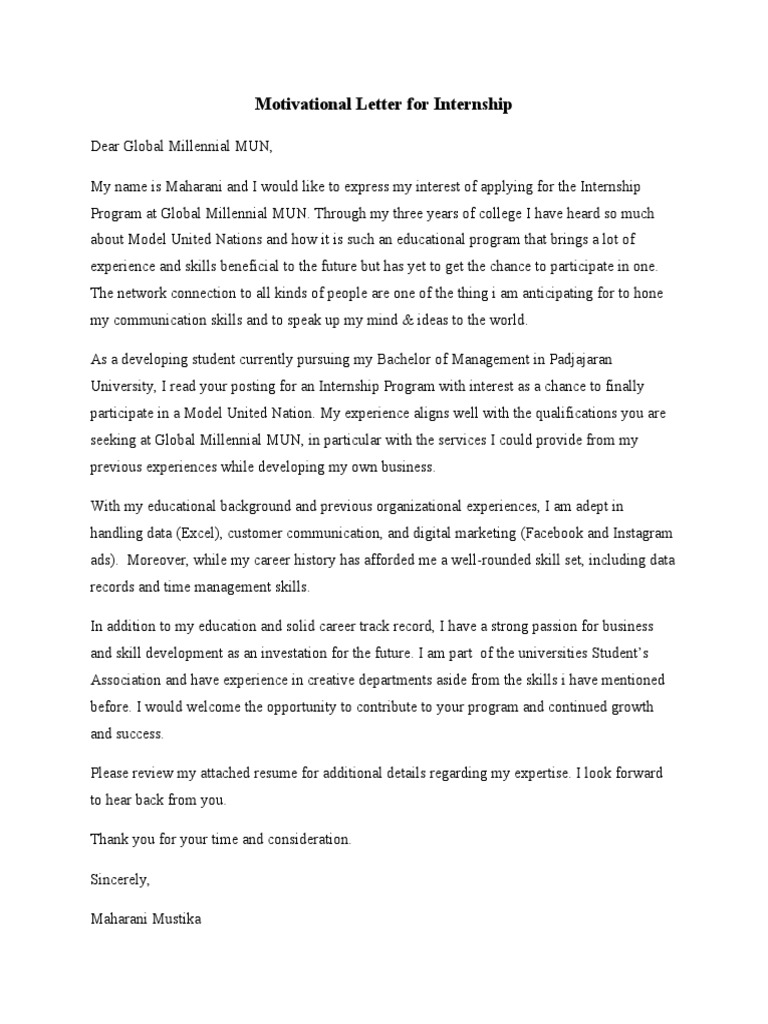 Motivational Letter For Internship | PDF