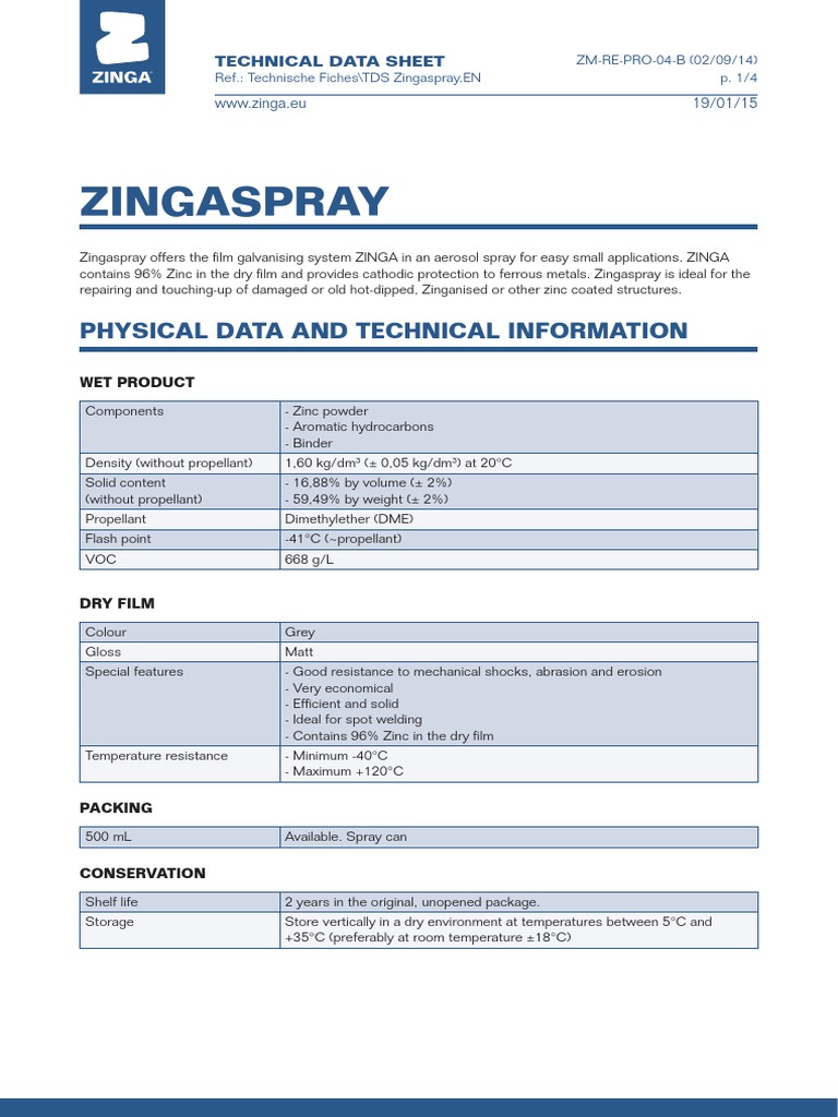 Zingaspray: Physical Data and Technical Information | PDF | Galvanization | Materials