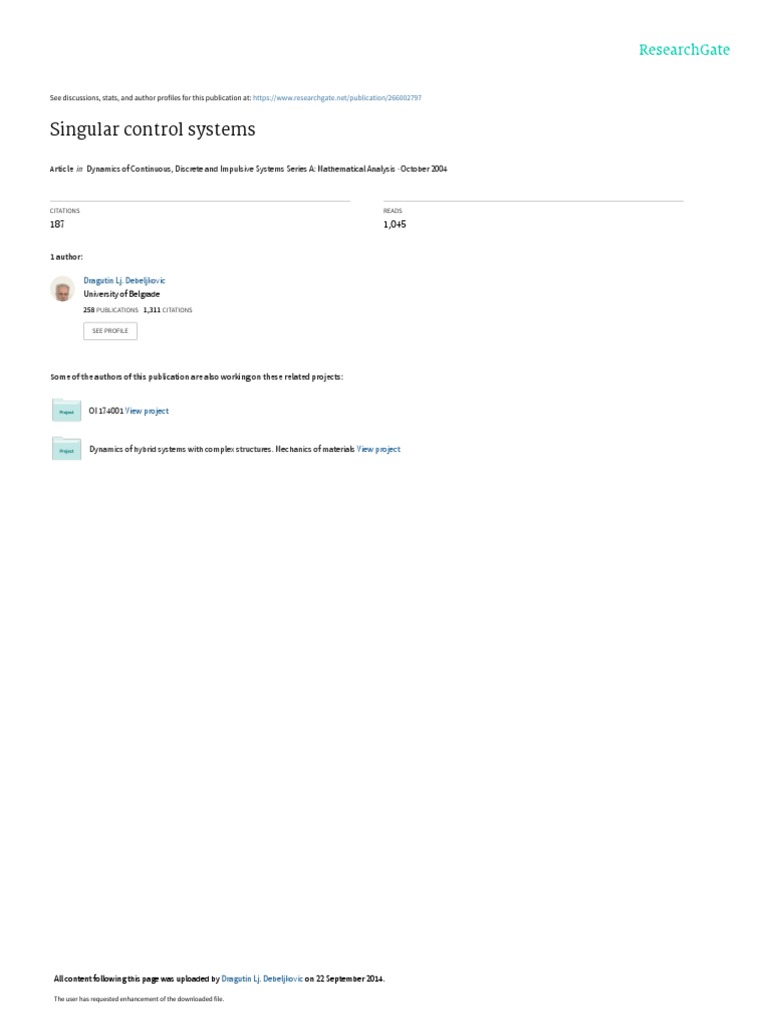 Singular Control Systems | PDF | Stability Theory | Dynamical System