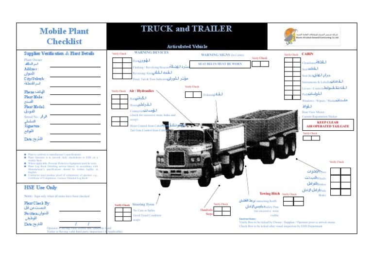 Mobile Plant Checklist-Lory, Truck and Trailer | PDF | Truck | Trailer ...