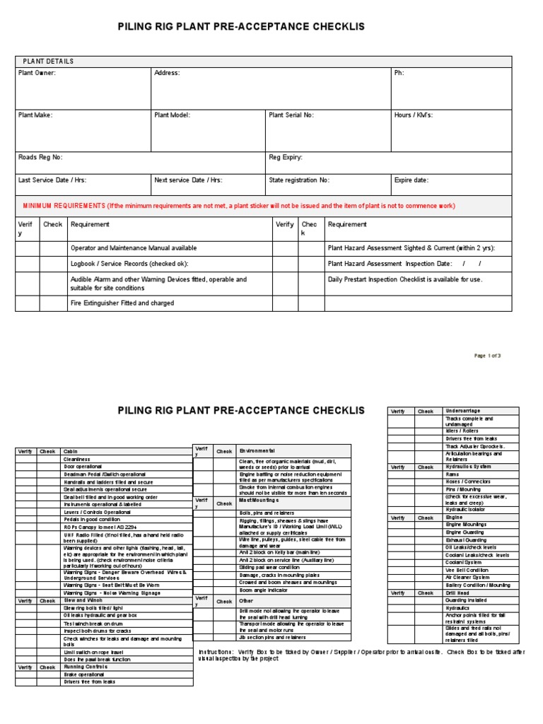 Piling Rig Plant Pre Acceptance Checklist | PDF | Drill | Belt (Mechanical)
