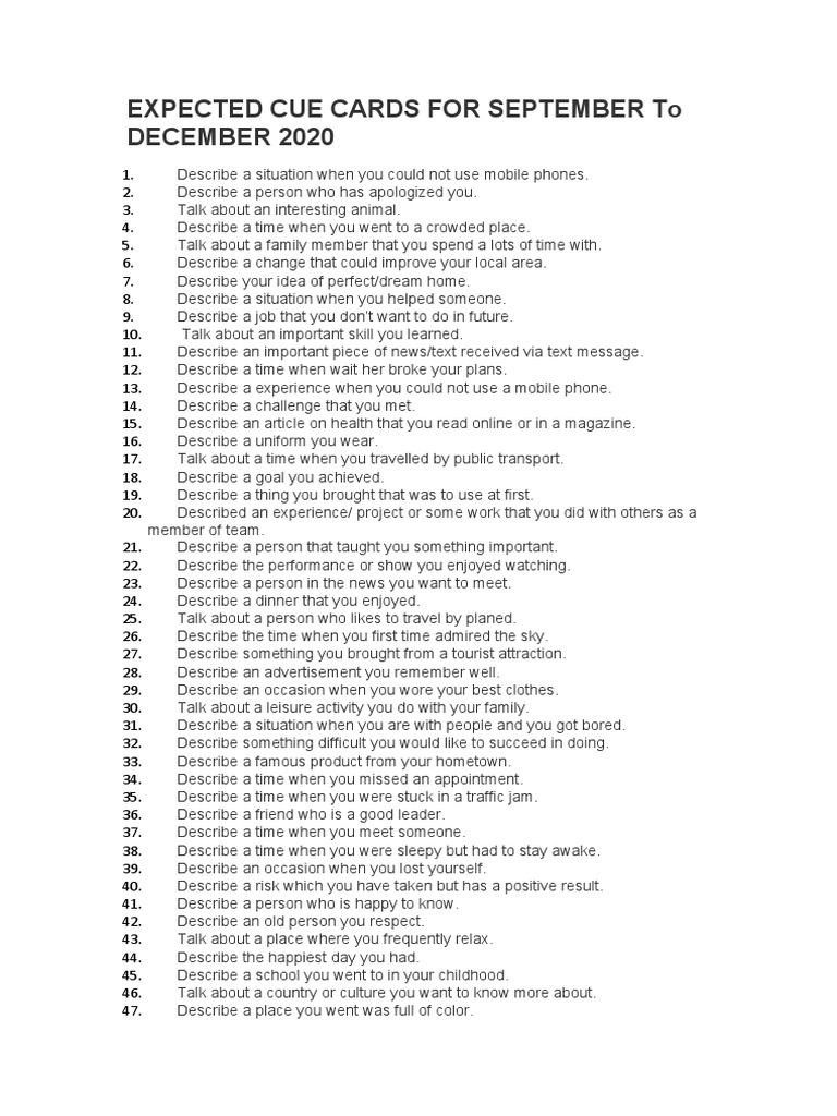 Cue Card Topics for Speaking Practice | PDF