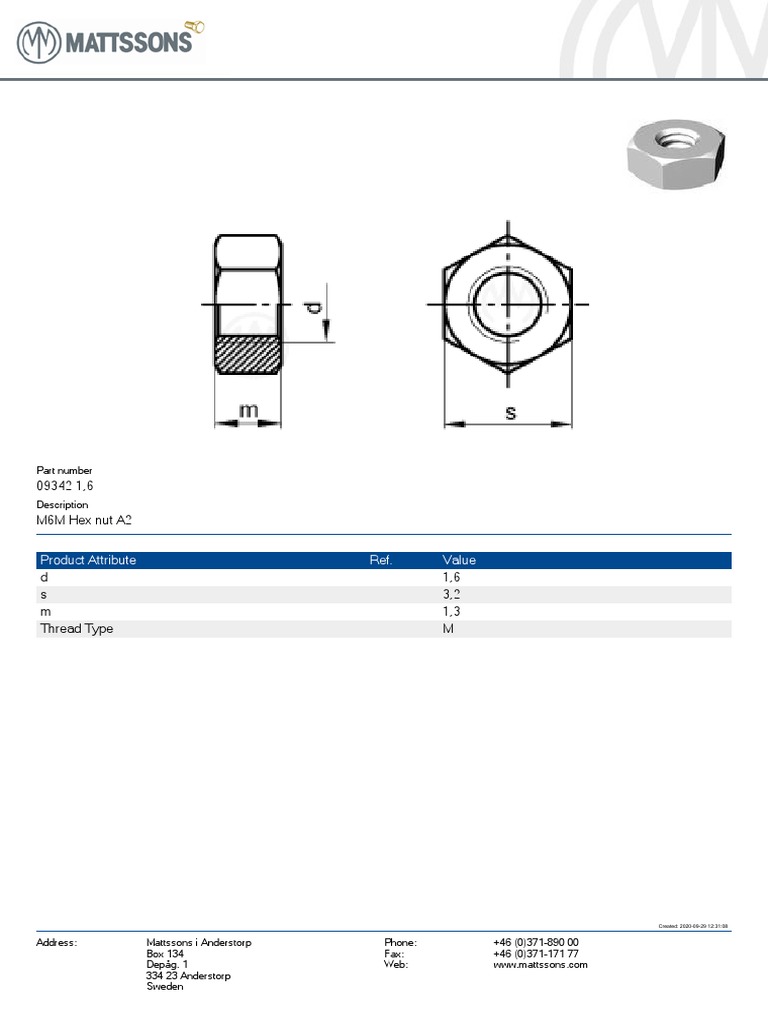 1,6 M6M Hex Nut A2: Product Attribute Ref. Value | PDF