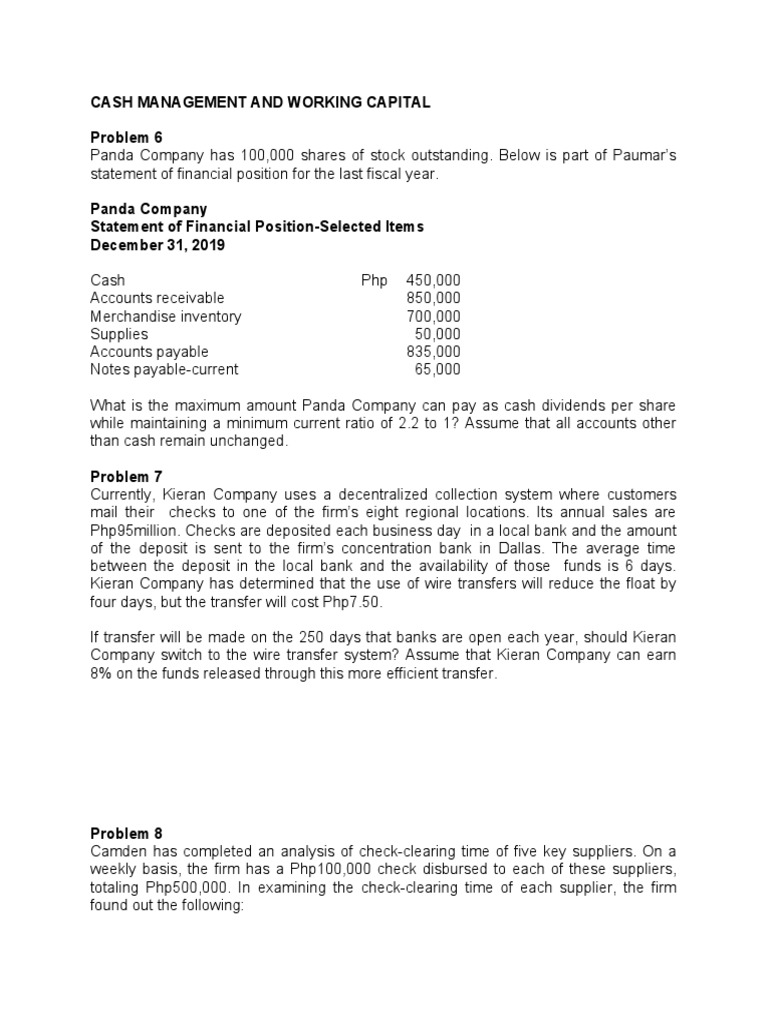 Cash Management and Working Capital Problems | PDF | Cheque | Float (Money Supply)
