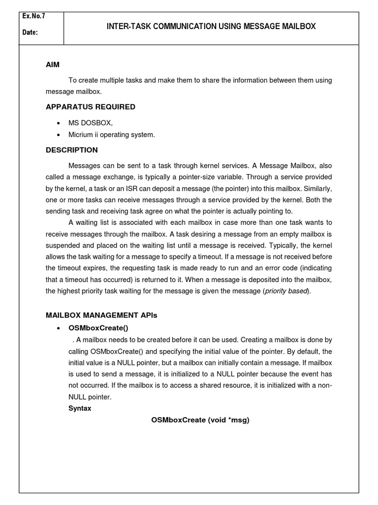 Inter-Task Communication Using Message Mailbox: Ex - No.7 Date | PDF | Pointer (Computer ...