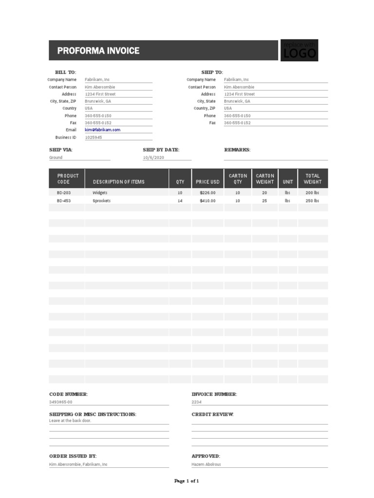 Proforma Invoice for Fabrikam | PDF