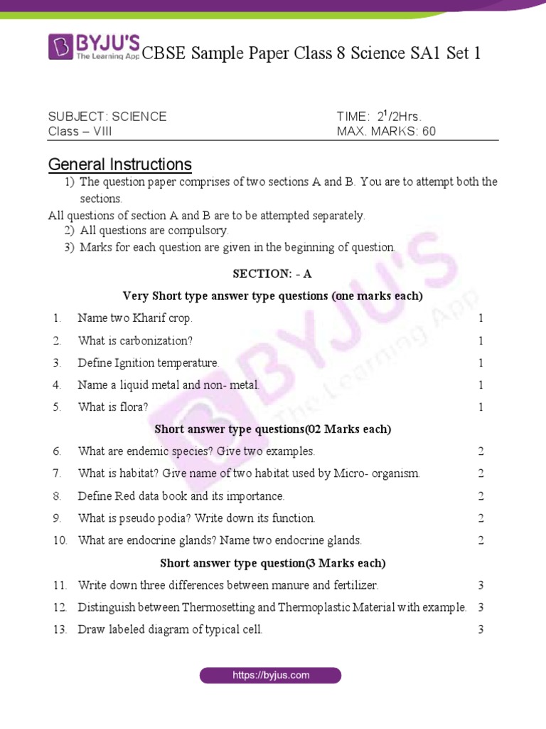 CBSE Sample Paper Class 8 Science SA1 Set 1: General Instructions ...