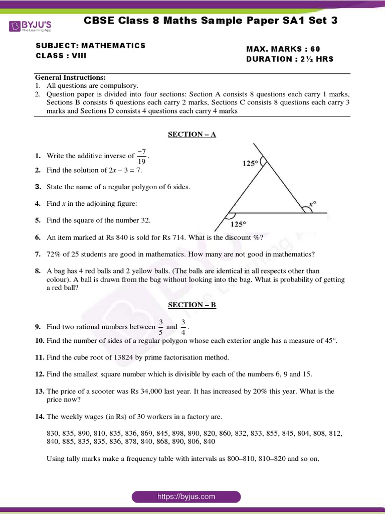 CBSE Class 8 Maths Sample Paper SA1 Set 3 | PDF | Geometry | Elementary ...