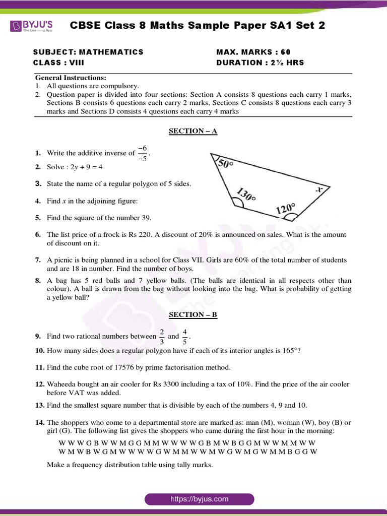 CBSE Class 8 Maths Sample Paper SA1 Set 2 | PDF | Elementary Mathematics | Teaching Mathematics