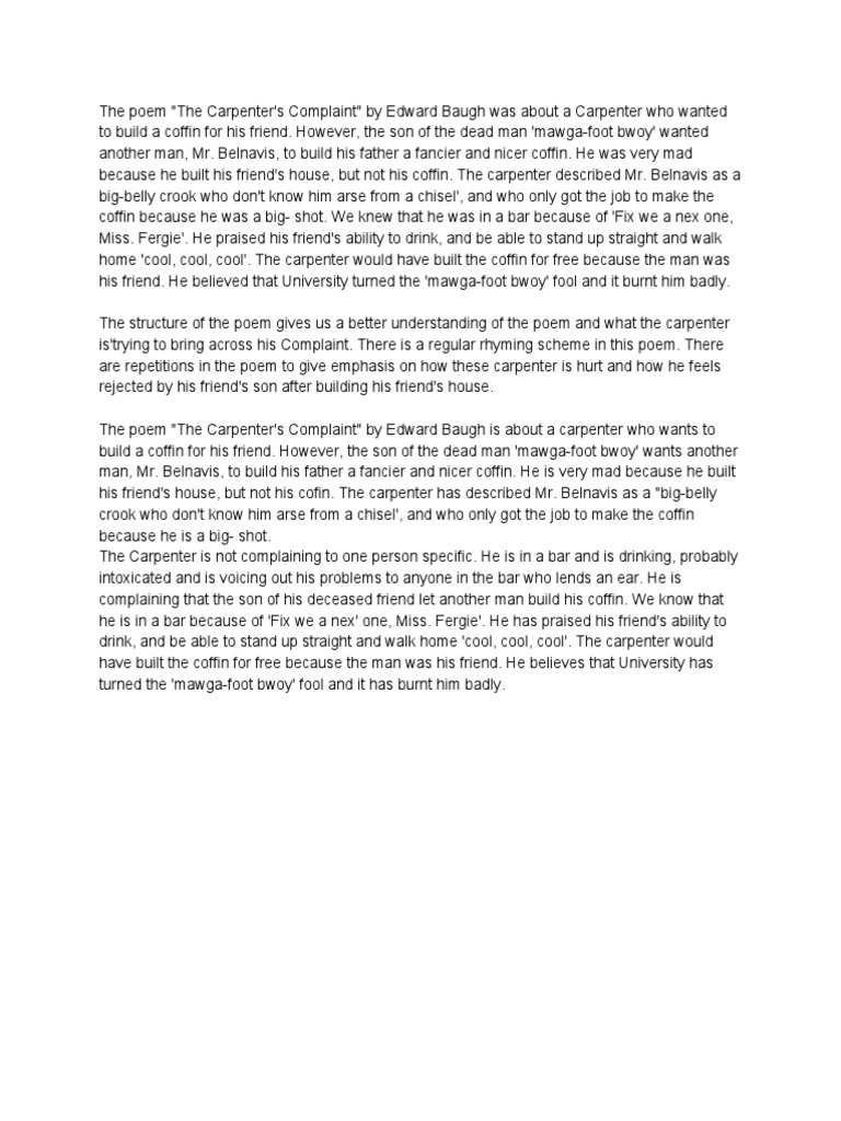 Carpenter's Complaint Poem Summary | PDF