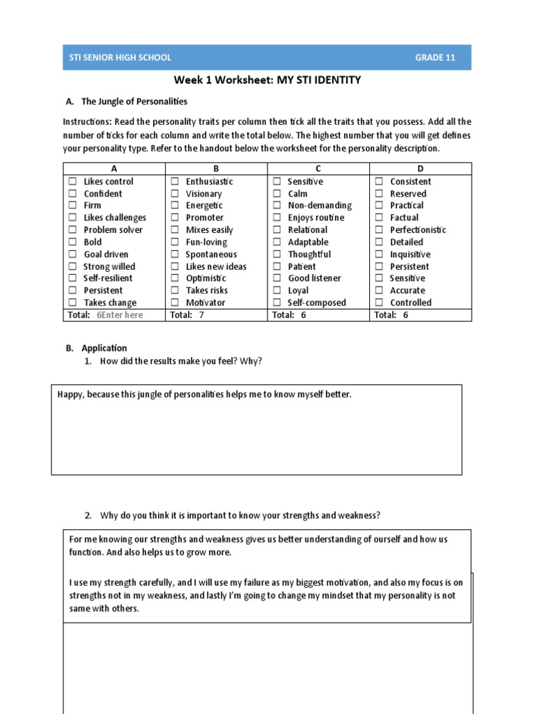 My STI Identity: Personality Worksheet | PDF | Applied Psychology ...