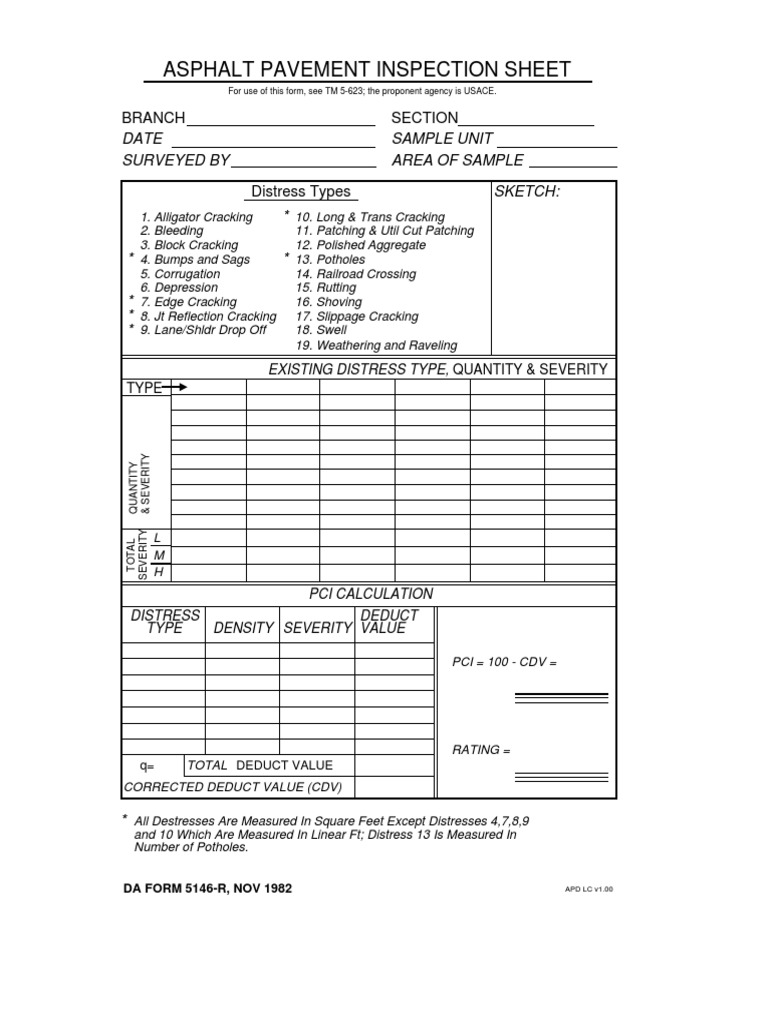 Main - Da Form 5146 R Asphalt Pavement Inspection Sheet | PDF