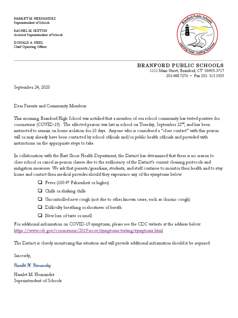 Branford High School COVID-19 Update | PDF