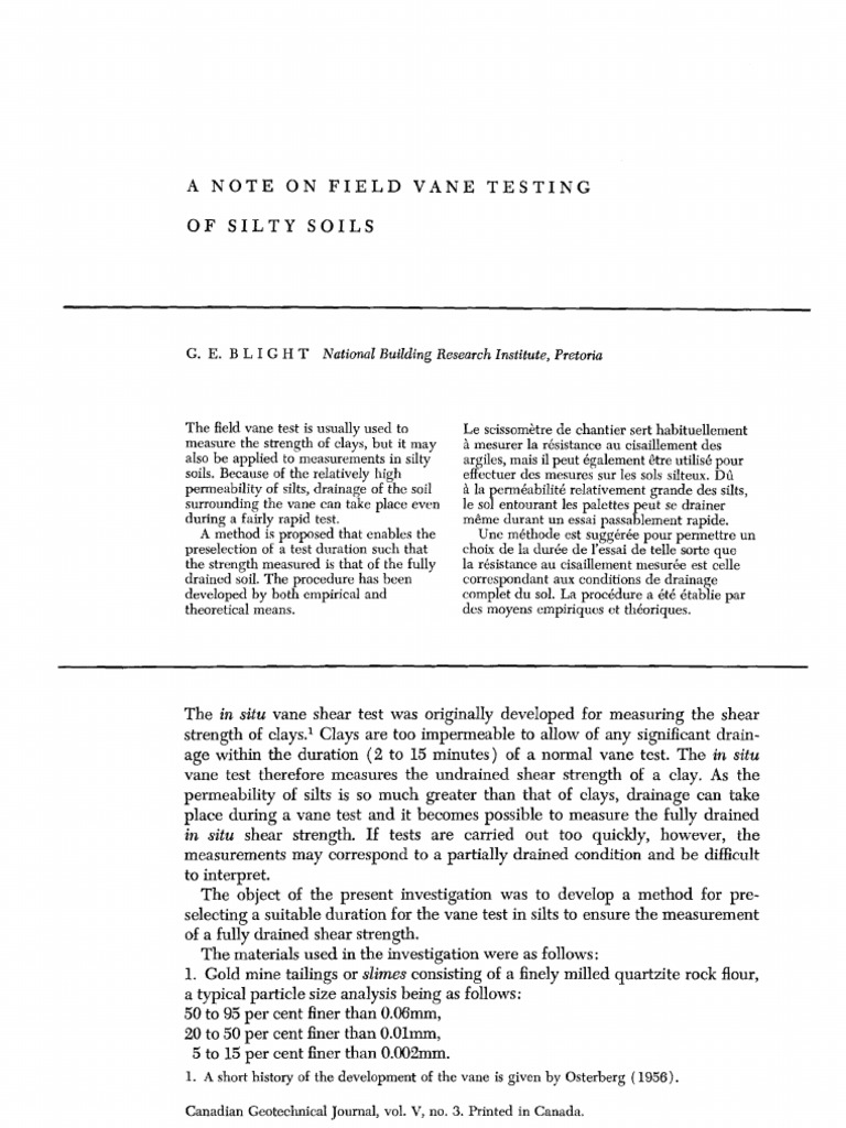 Blight - 1968 - A Note On Field Vane Testing of Silty Soils | PDF ...