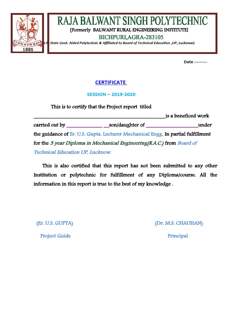 Certificate of Completion for Diploma Project Report on [Project Title ...