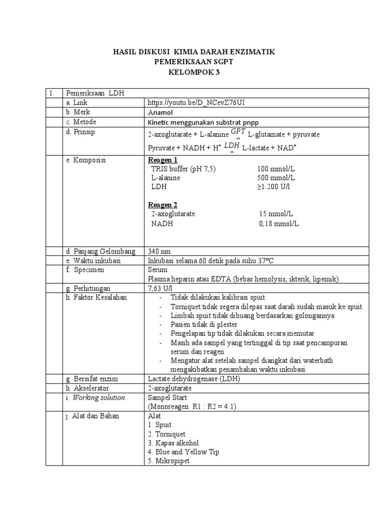 Pemeriksaan Enzimatik SGPT dan LDH | PDF