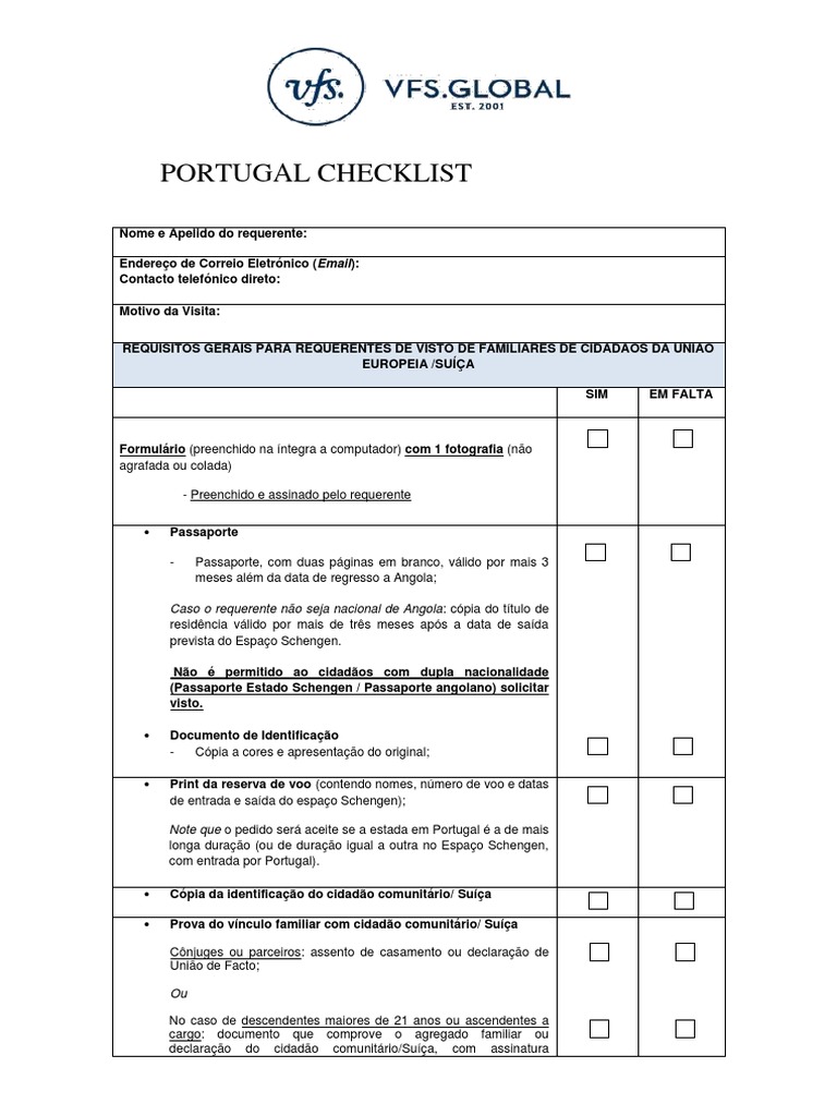 Nova Checklist VFS Familiares PDF | PDF | Visto para viagem | Passaporte