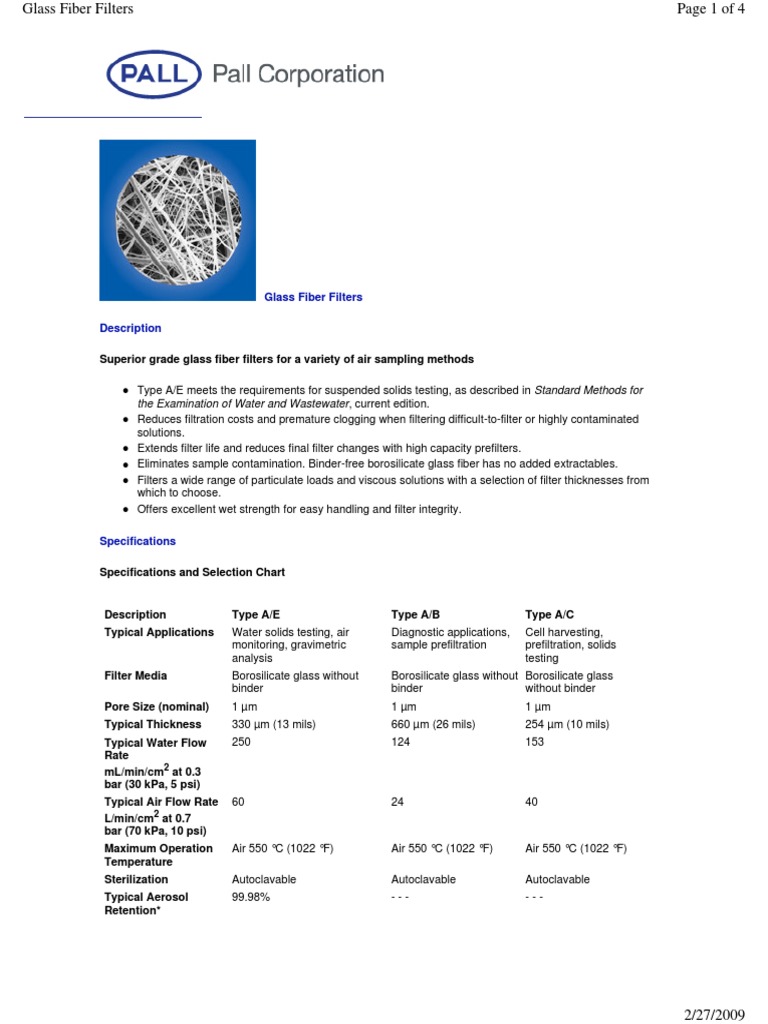PALL Filtro Fibra de Vidrio - Data | PDF | Filtration | Materials Science