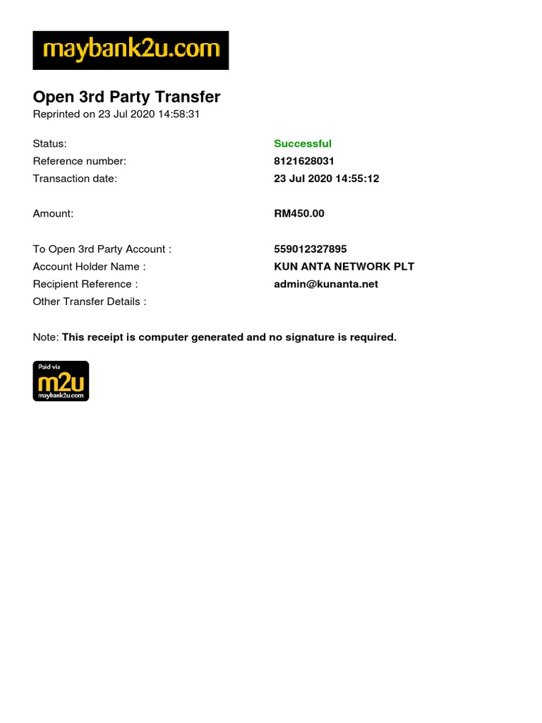 Successful 3rd Party Transfer Receipt | PDF | Finance & Money ...