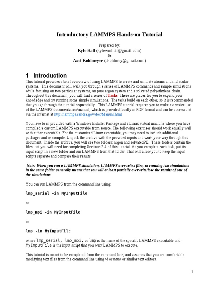 Introductory LAMMPS Hands-On Tutorial: Prepared By: & | PDF | Crystal Structure | Computer File