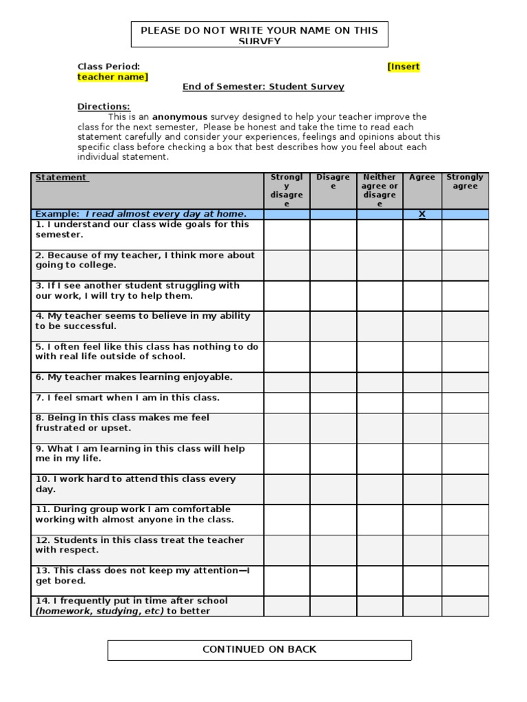 End of Semester Student Survey | PDF | Teachers | Classroom