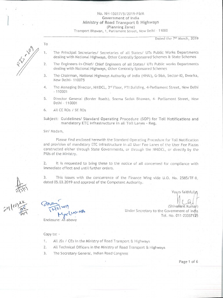 MORTH Circular On Toll Plaza (7th March 2019) | PDF