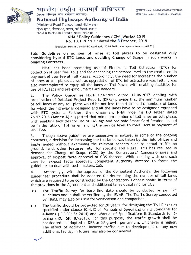 NHAI Circular Related To Toll Plaza Lanes (18th October 2019) | PDF