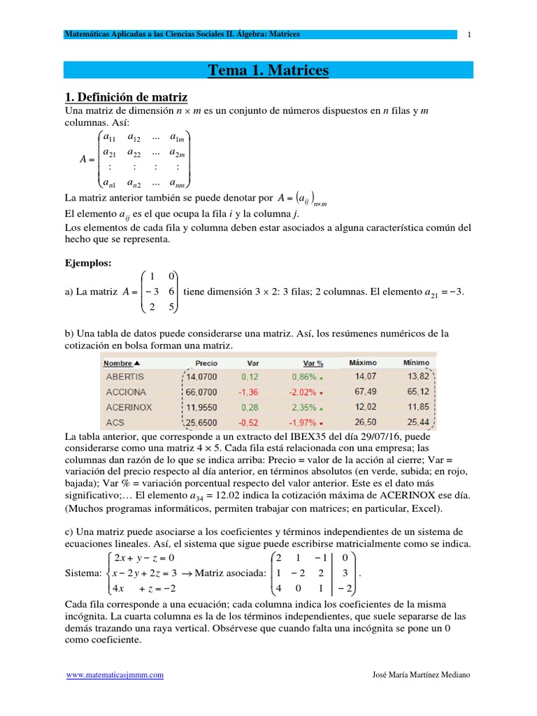 Tema 1 Matrices | PDF | Matriz (Matemáticas) | Ecuaciones