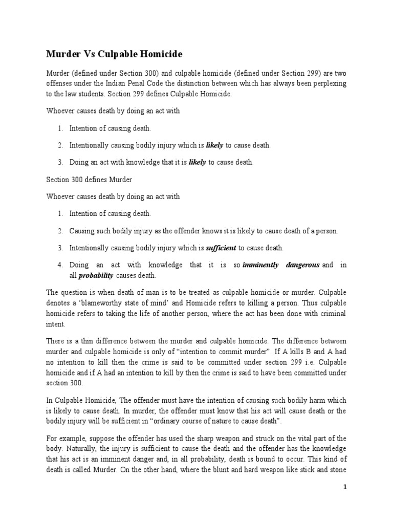 Murder Vs Culpable Homicide | PDF | Intention (Criminal Law) | Mens Rea