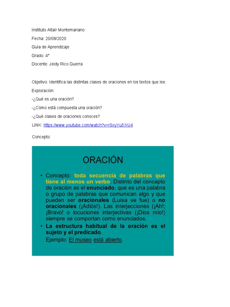 Clases de Oraciones para 4° Grado | PDF | Oración (Lingüística ...