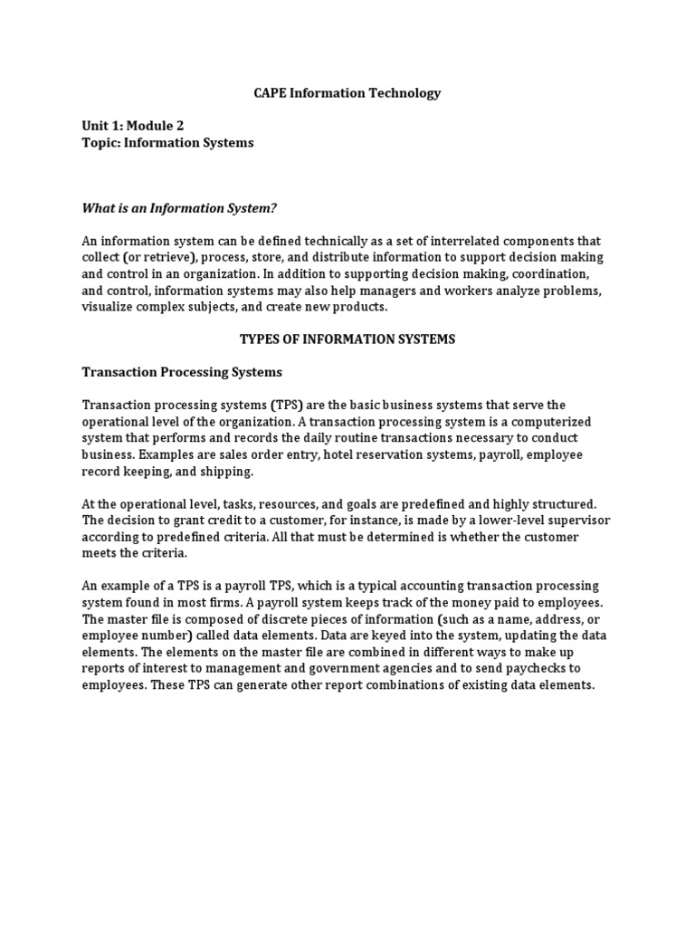 CAPE Information Technology Unit 1: Module 2 Topic: Information Systems ...