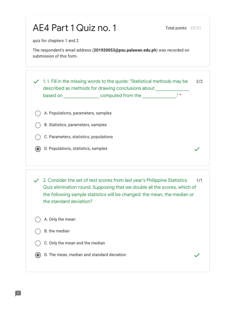 AE4 Part 1 Quiz No. 1 | PDF | Median | Mean
