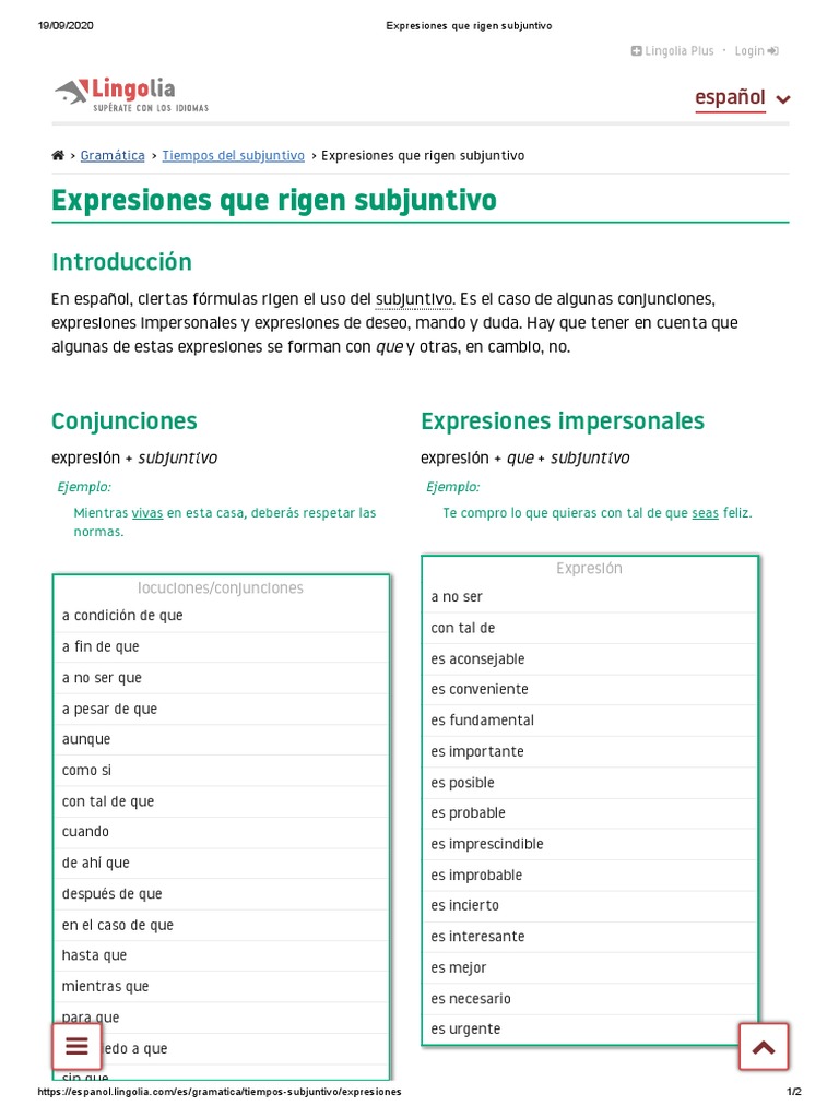 Expresiones que rigen el subjuntivo | PDF | Gramática | Mecánica del ...