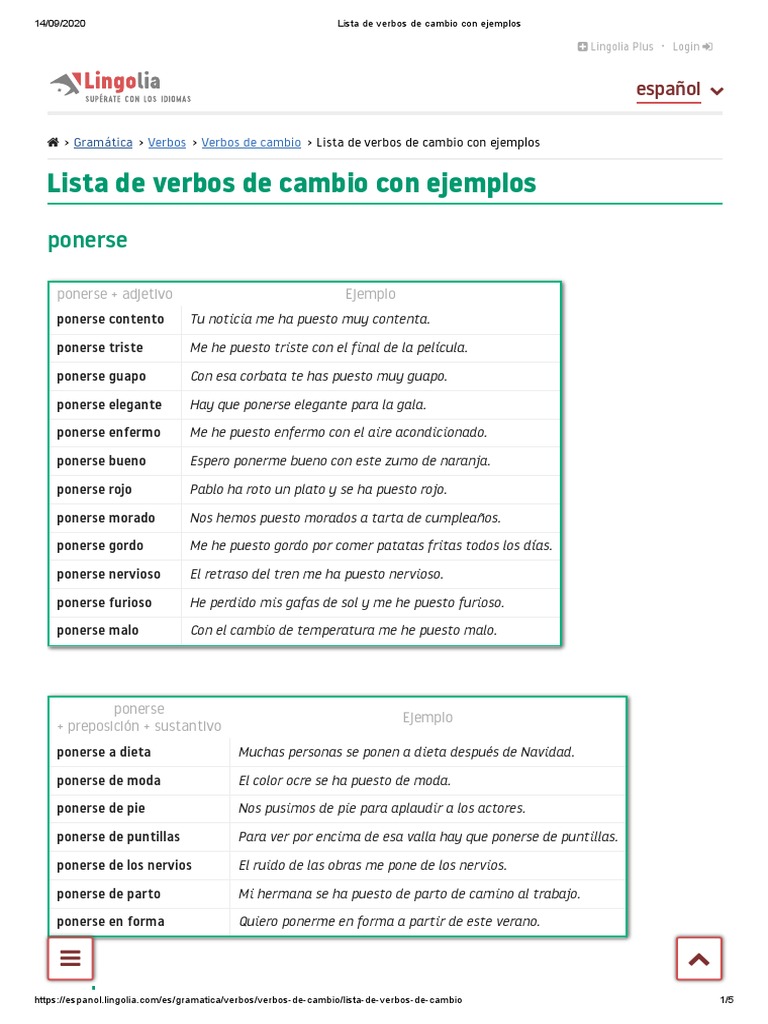 Verbos de cambio en español: ejemplos | PDF