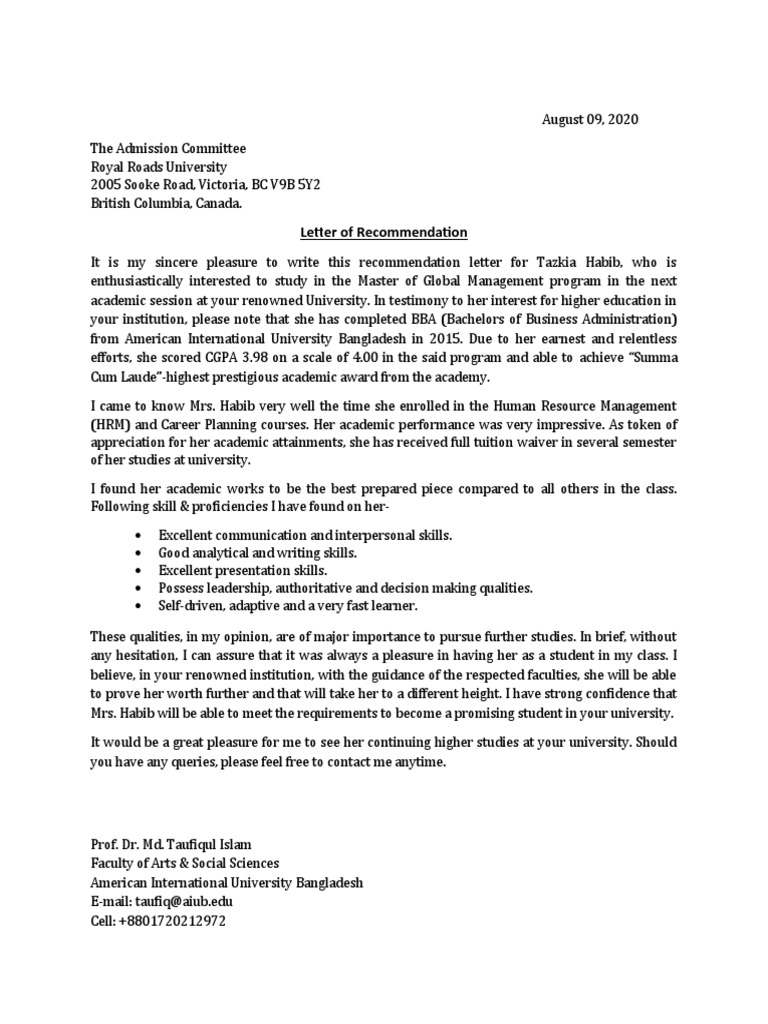 Recommendation for Tazkia Habib's Admission | PDF