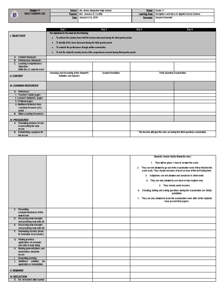 Day 1 Day 2 Day 3 Day 4: I. Objectives | PDF | Test (Assessment) | Teachers
