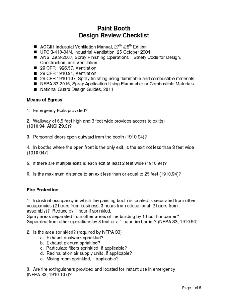 Paint Booth Design Review Checklist: Means of Egress | PDF | Duct (Flow ...