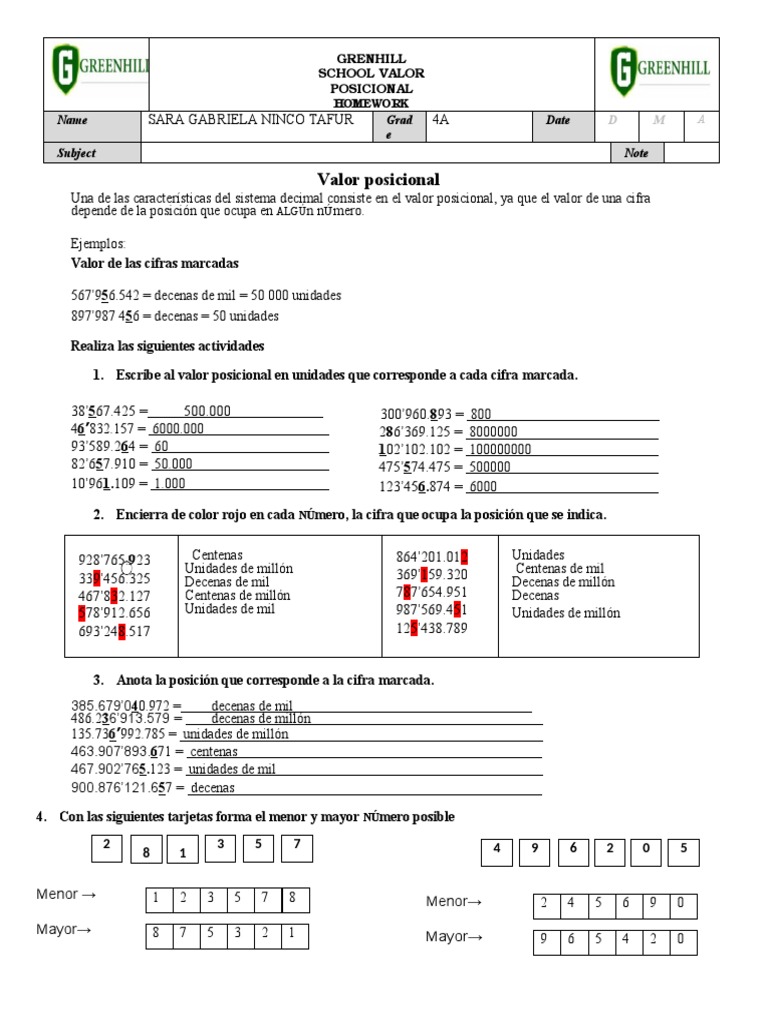 Valor Poscional Grado 4 - Matematicas... | PDF | Notación Matemática ...