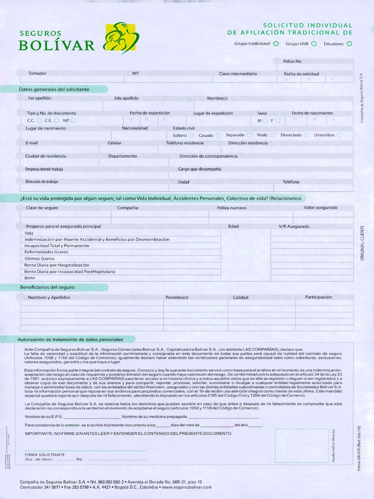 Formato Seguro de Vida Seguros Bolivar | PDF | Póliza de seguros | Seguro