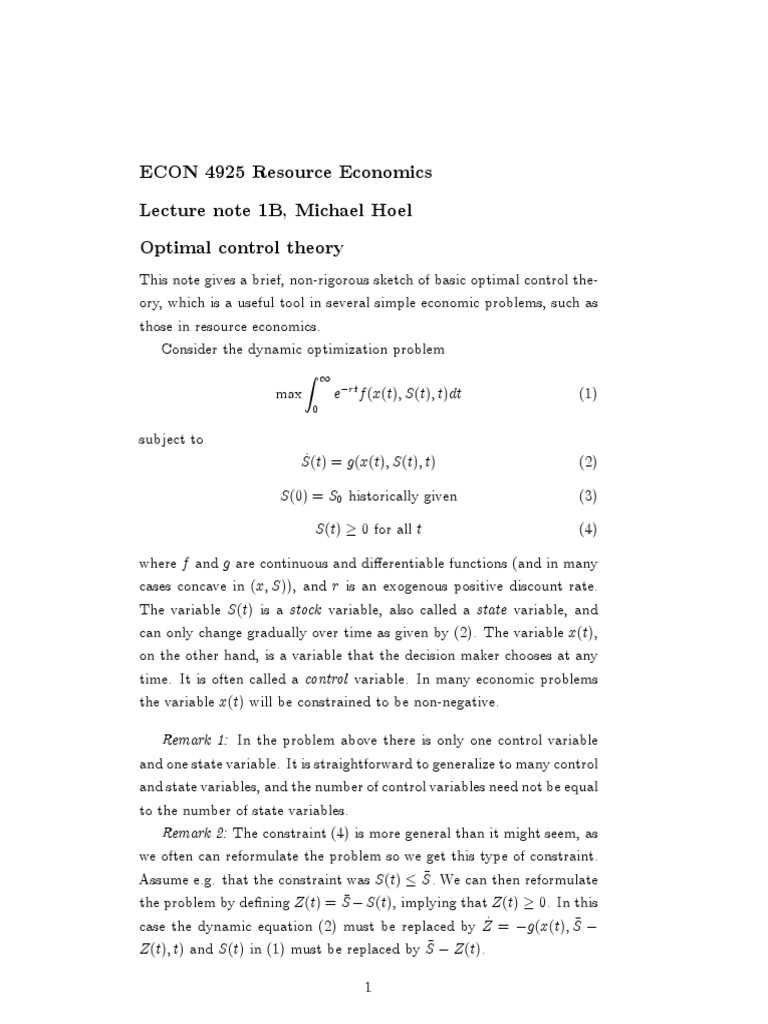 ECON 4925 Resource Economics Lecture Note 1B, Michael Hoel Optimal Control Theory | PDF ...