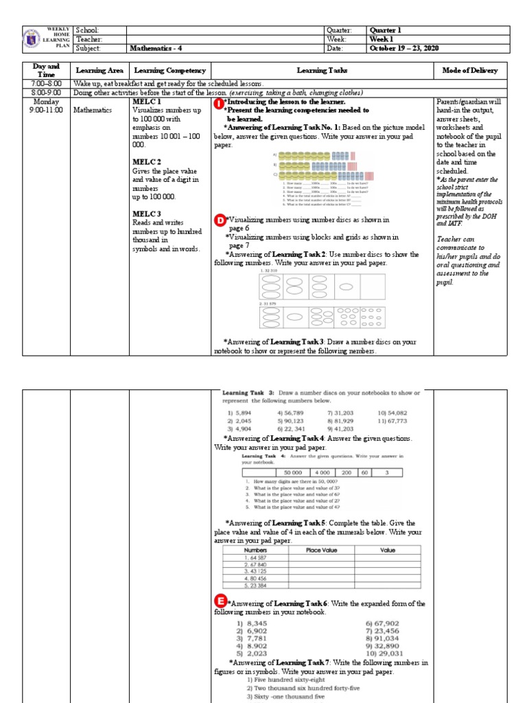 Weekly Math Learning Plan for Grade 4 | PDF | Numbers | Teaching