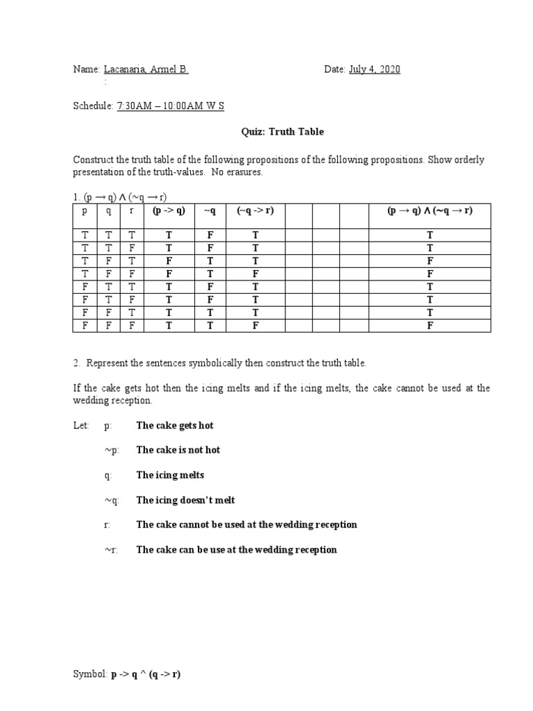 Truth Table Construction: Logical Propositions and Sentences | PDF ...