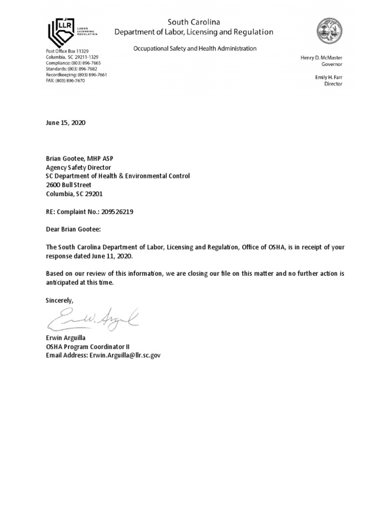 OSHA Complaint Closure Notice | PDF