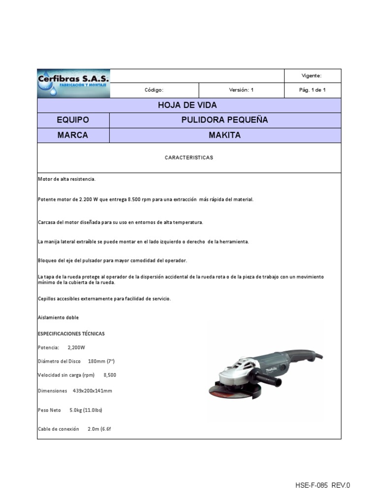 Ficha Tecnica Pulidora Grande | PDF