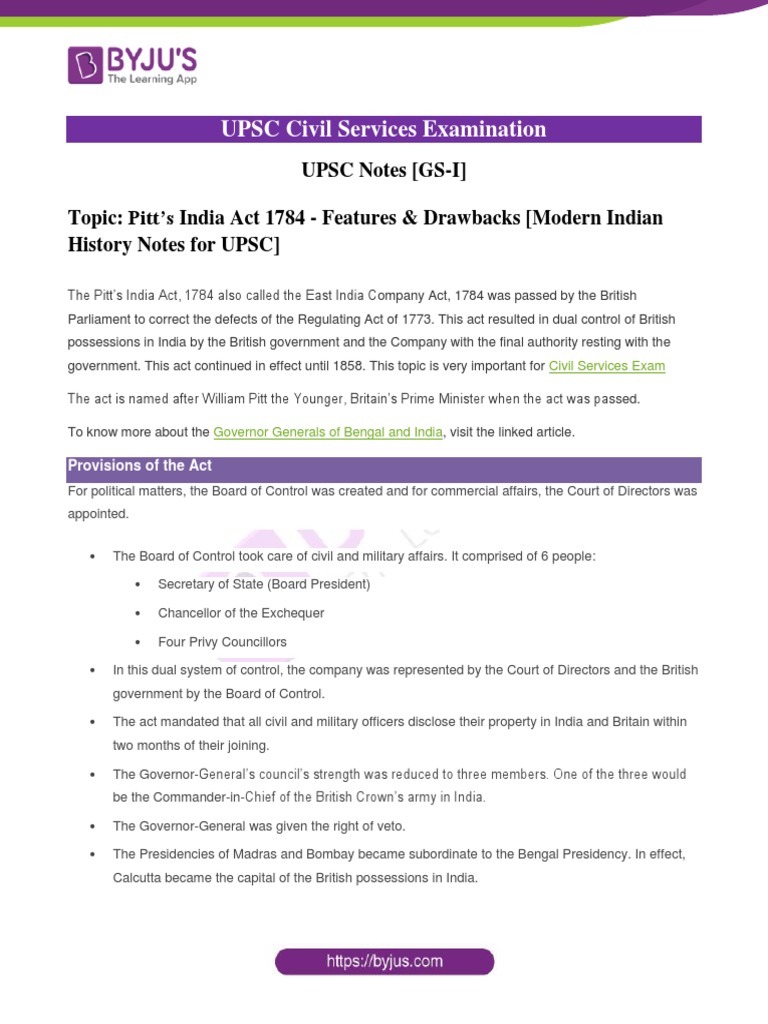 Pitts India Act 1784 Features Drawbacks Modern Indian History Notes For ...