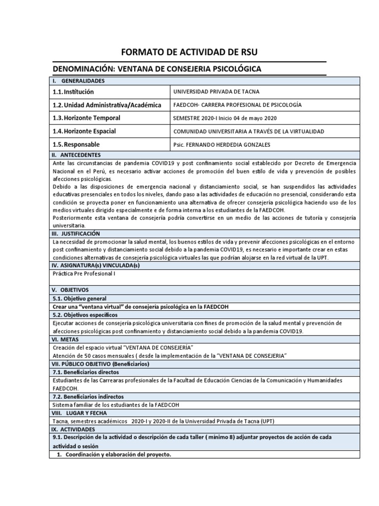 Ejemplo de Proyecto de RSU | PDF | Sicología | Bienestar