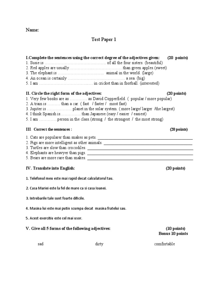 Adjective Comparison Test Papers | PDF | Nature