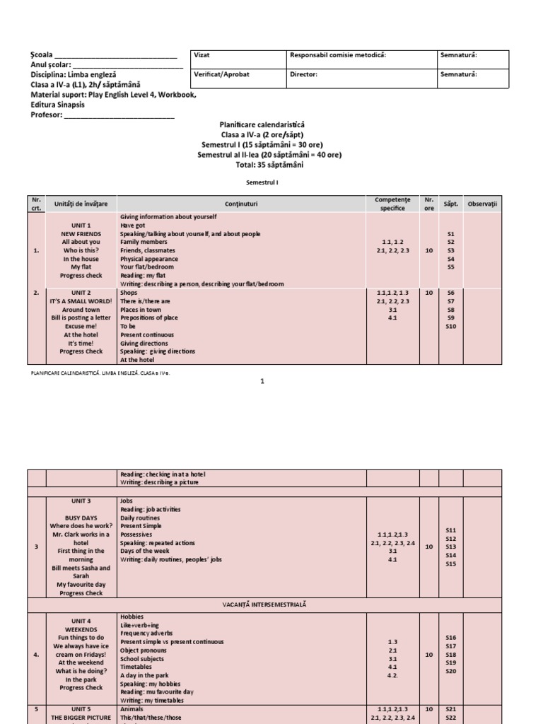 Primary School English Curriculum Plan for 4th Grade - Semesters I and ...