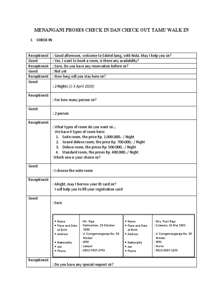 Dialog MENANGANI PROSES CHECK IN DAN CHECK OUT TAMU WALK IN | PDF ...